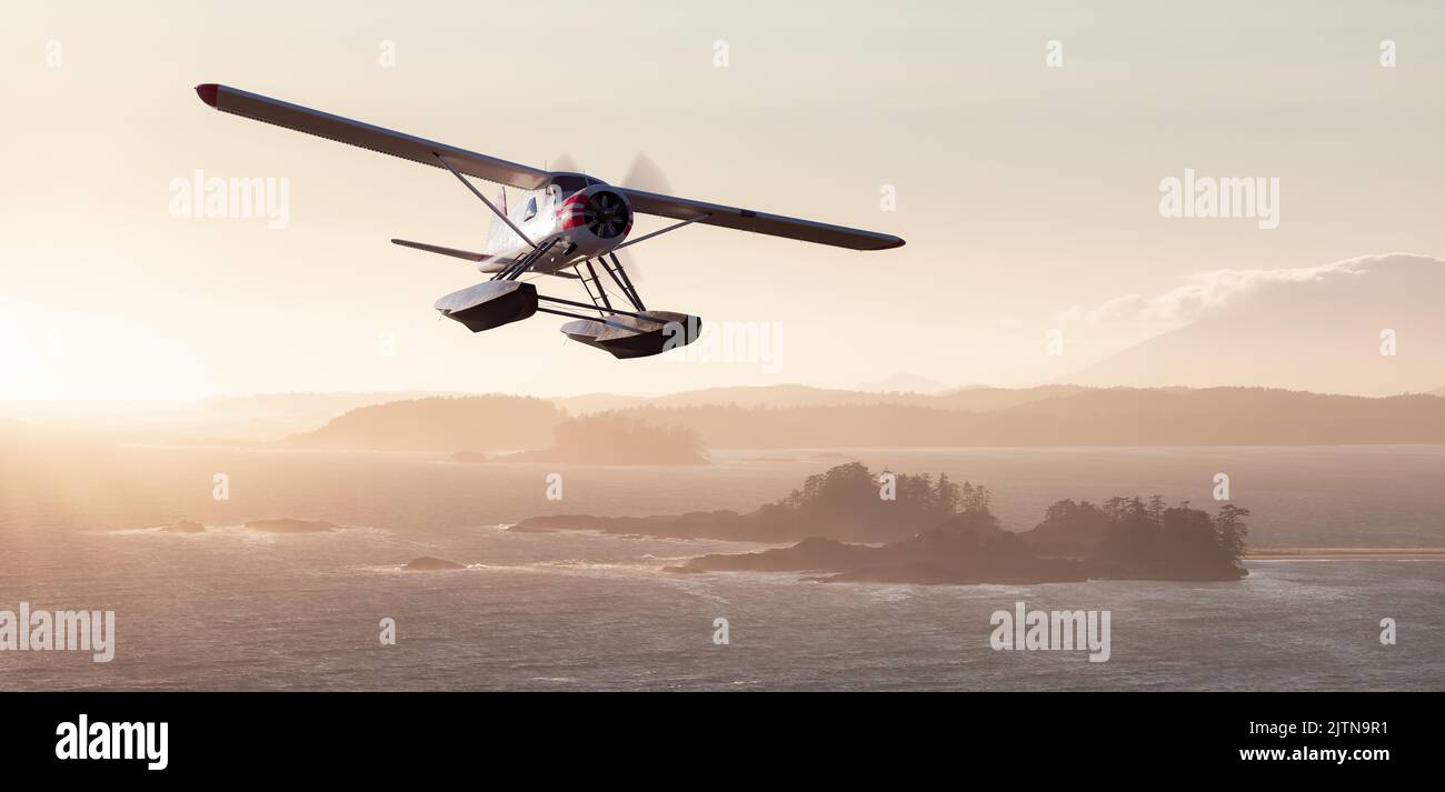 Seaplane Flying over the West Coast Pacific Ocean. Adventure Composite ...