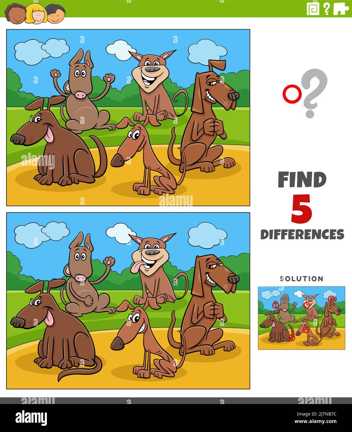 Cartoon illustration of finding the differences between pictures educational game with happy ...