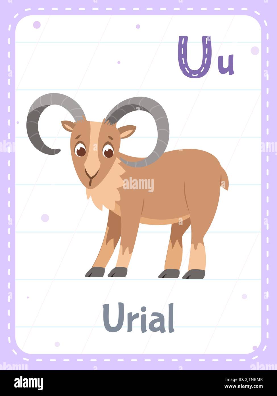 Alphabet printable flashcard with letter U. Cartoon cute urial animal ...