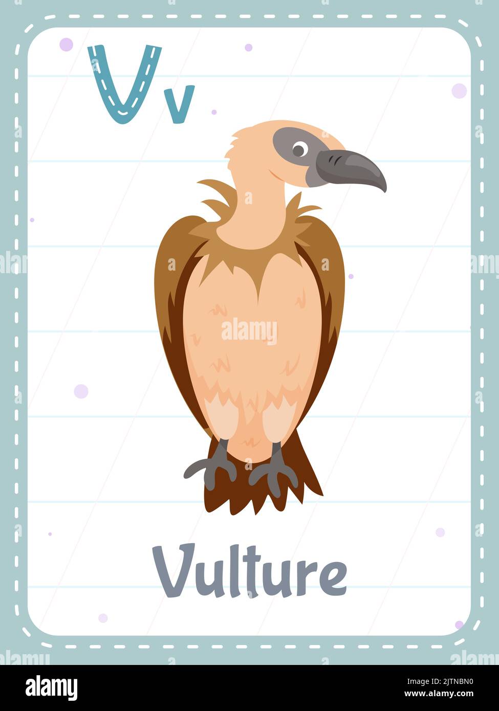 Alphabet printable flashcard with letter V. Cartoon cute vulture bird ...