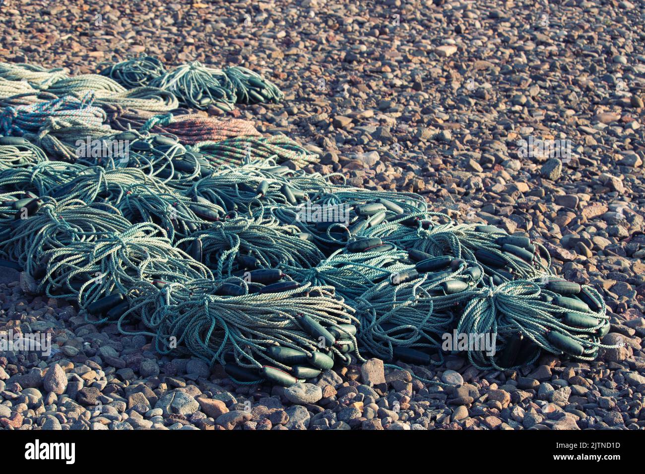 Blue fishing industry ropes on pebble beach Stock Photo - Alamy