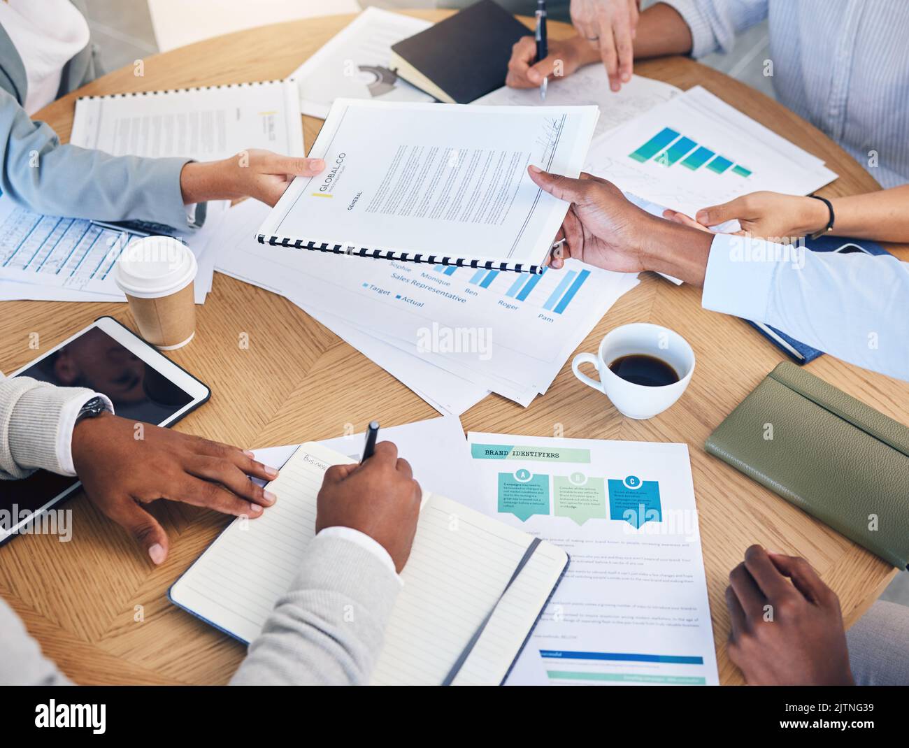 Teamwork hands, data planning and research paperwork in business meeting, graph analytics and ...