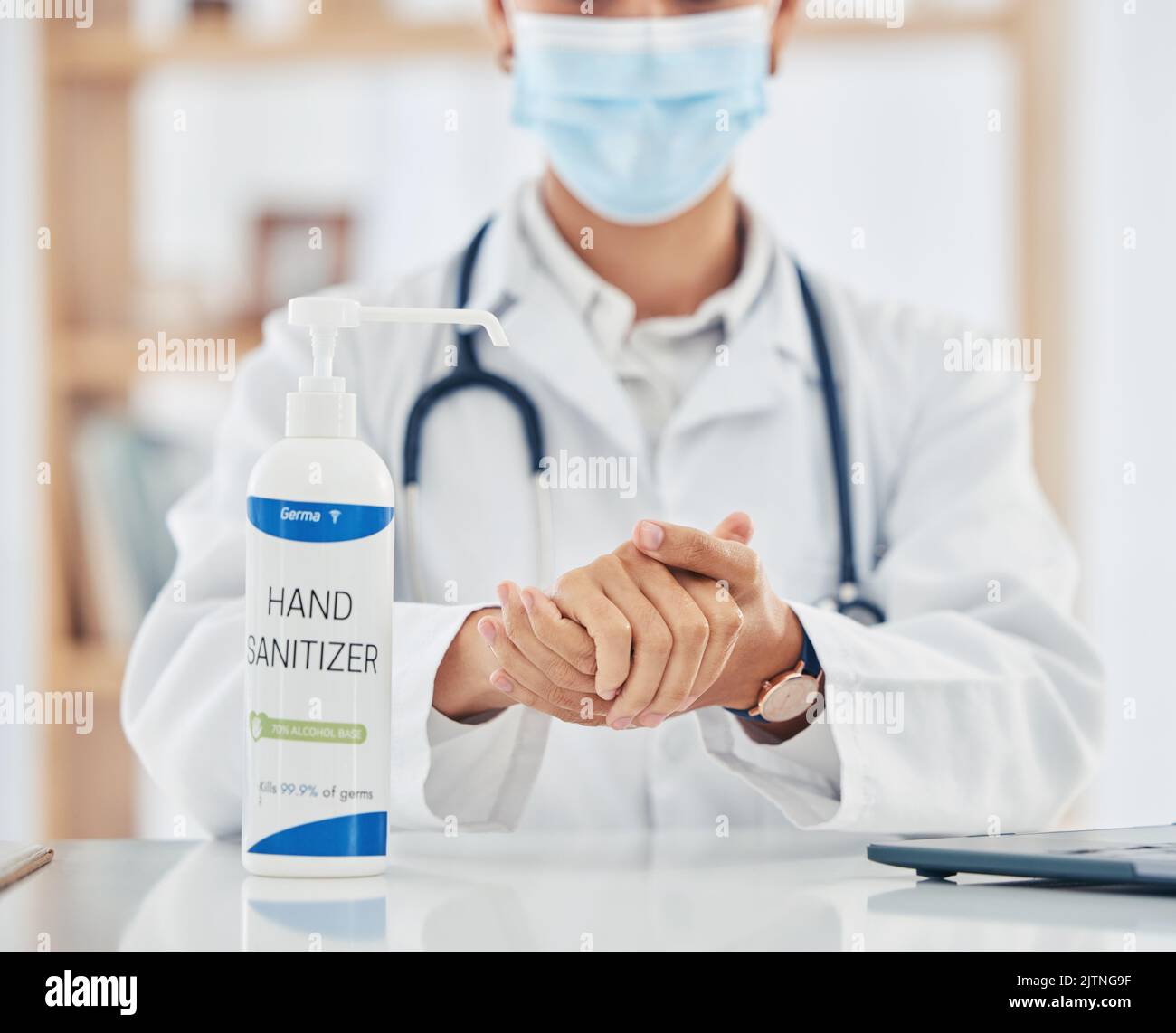 Doctor hands sanitizer for covid cleaning, hygiene and protocol in ...