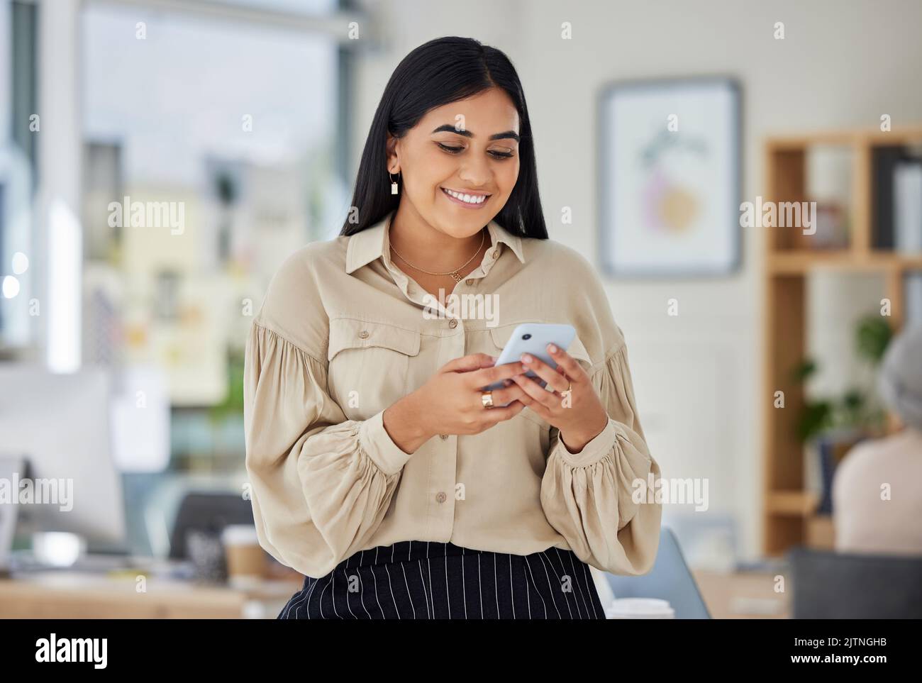 Business woman, phone and digital marketing for social media, internet ...