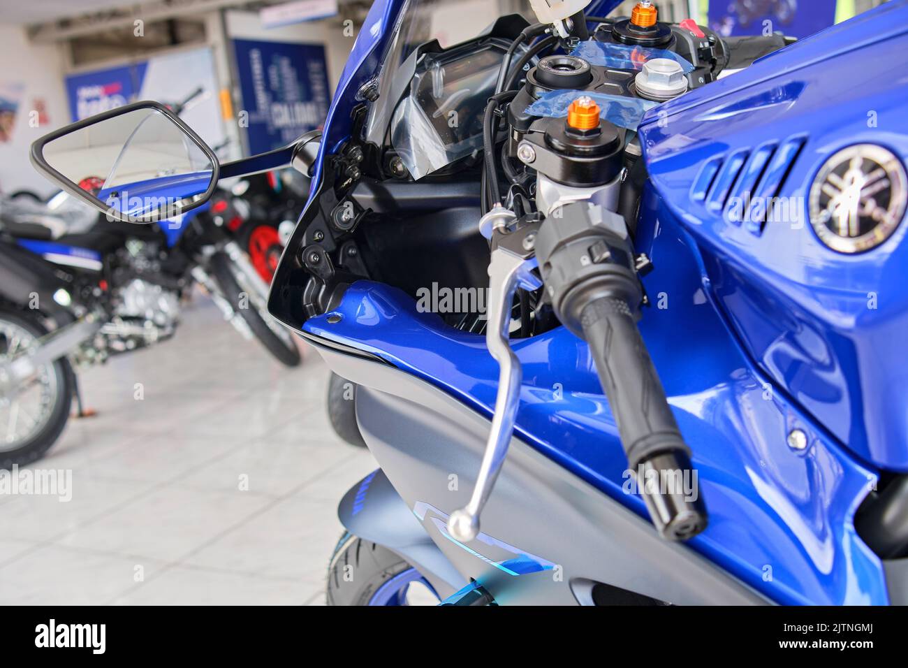 Motorcycles in the showroom Yamaha shop. Yamaha R7 motorcycle ...
