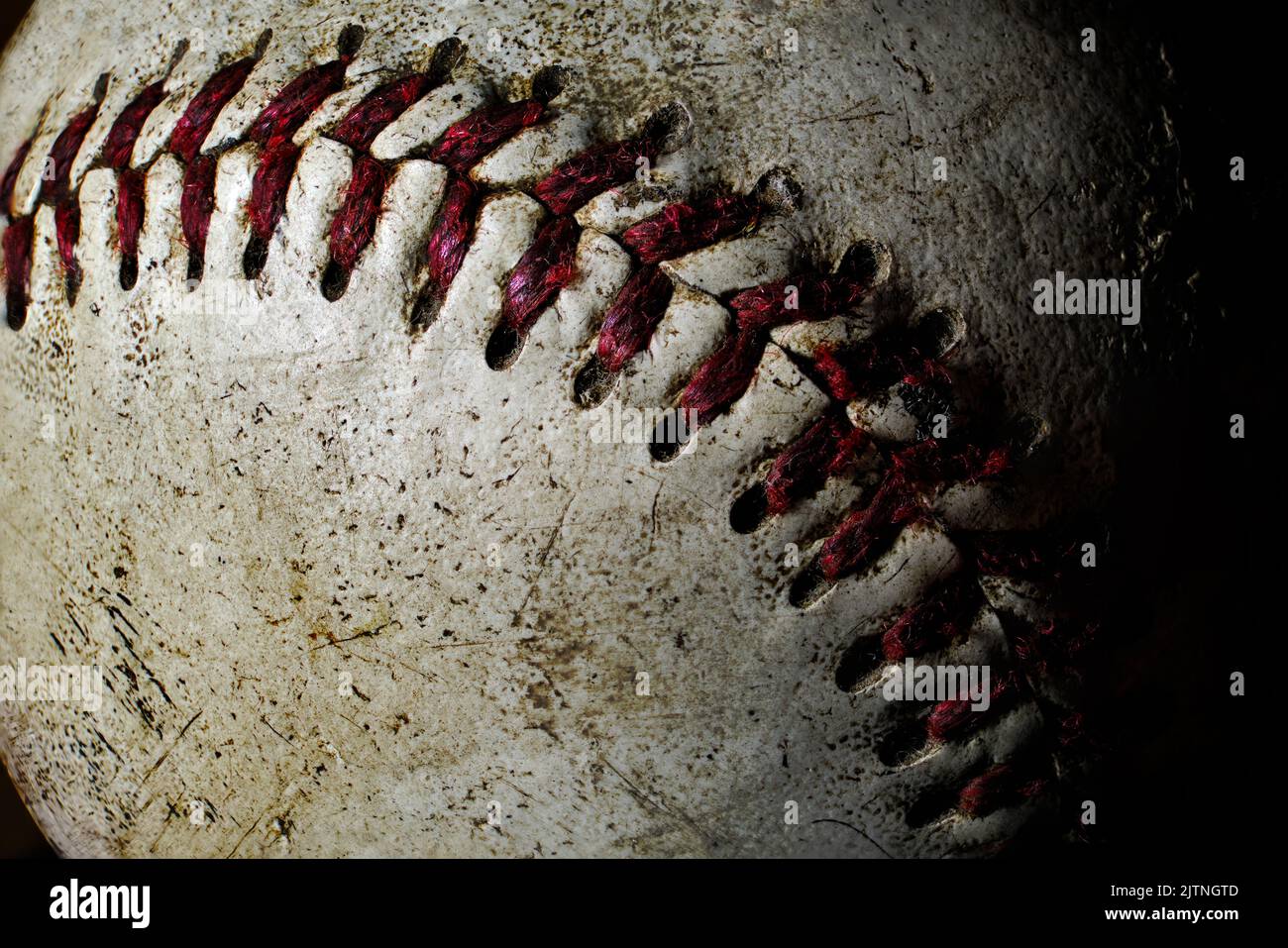 Extreme close up photo an old baseball showing lots of wear and tear ...