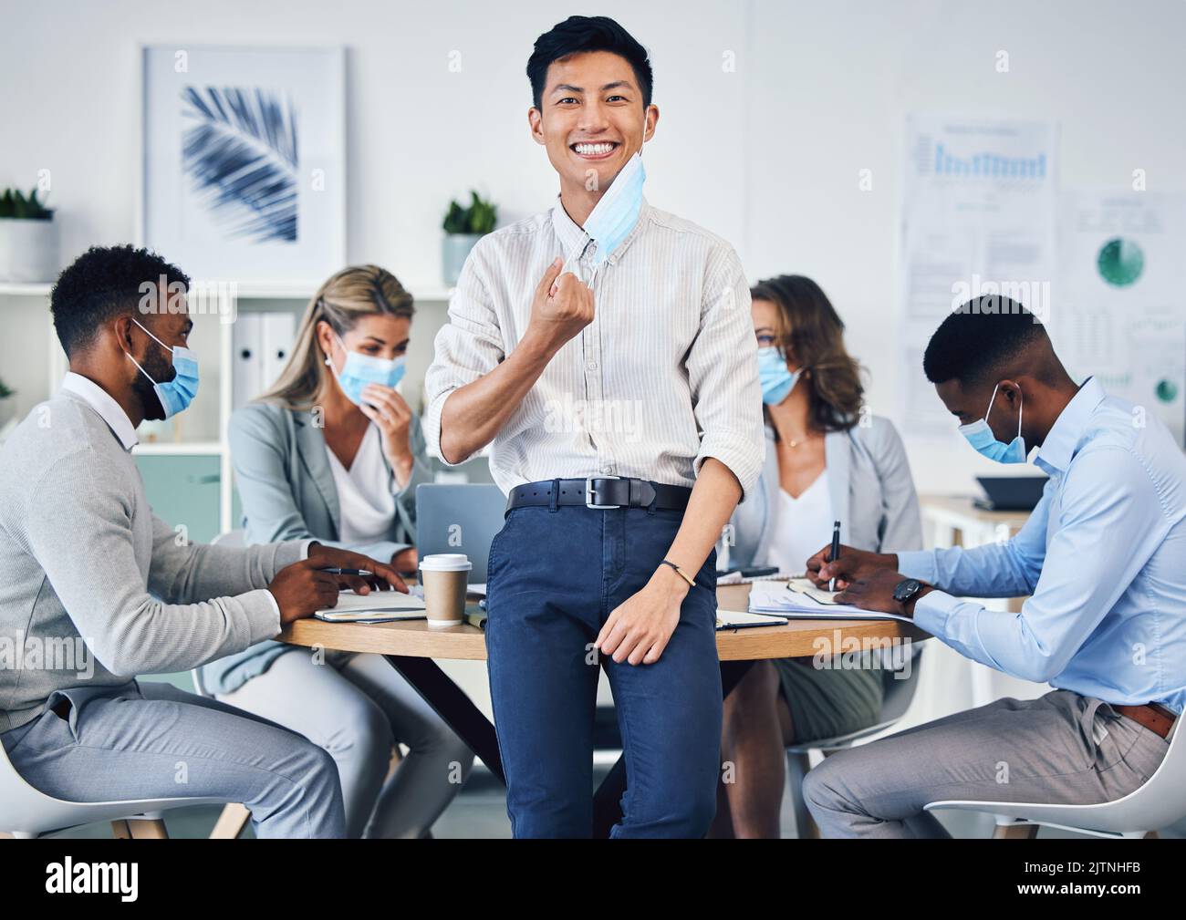 Meeting, partnership or collaboration by business people during covid ...