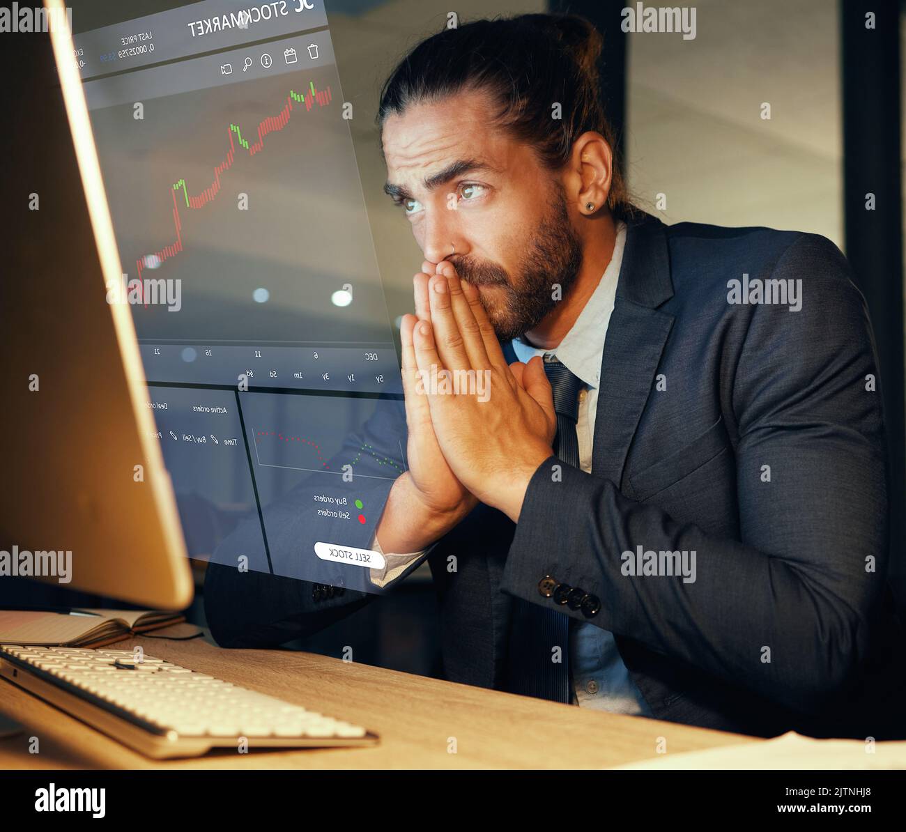 Business man, stock market or money investment while waiting for the ...