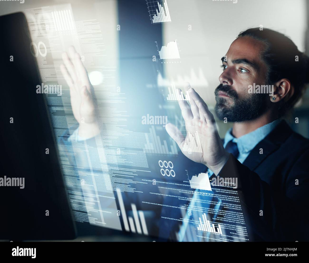 Digital, data hologram and tech code of a fintech business man working on futuristic technology ...