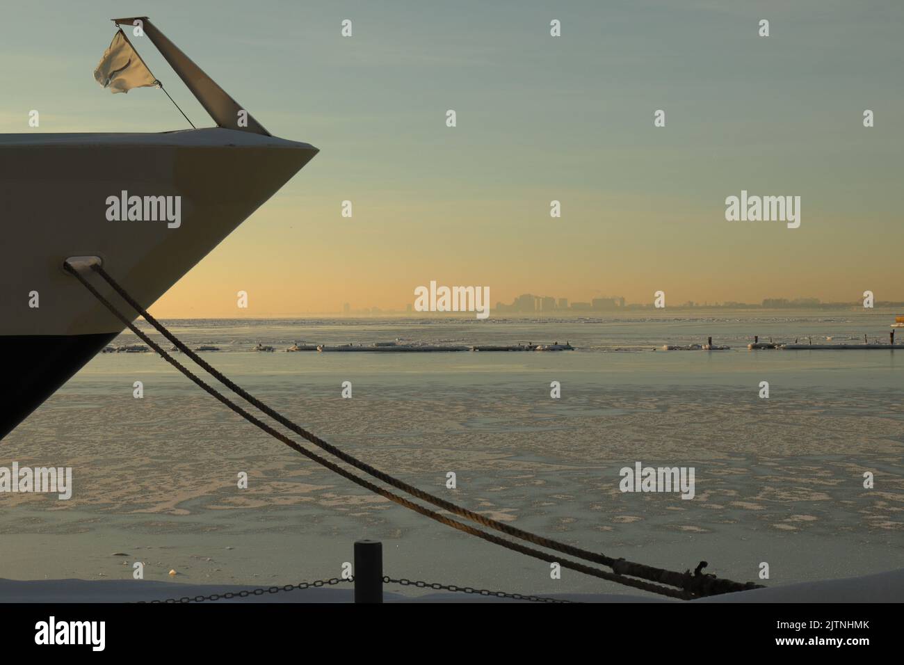sunrise at Lake Michigan, looking south from Navy Pier past.a docked ...