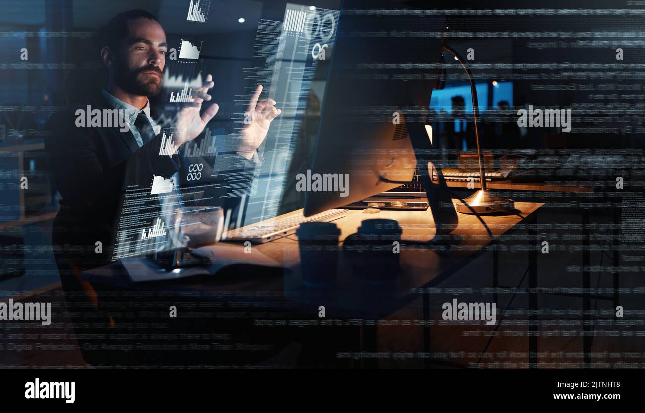 Corporate man with futuristic hologram analytics for work planning and ...