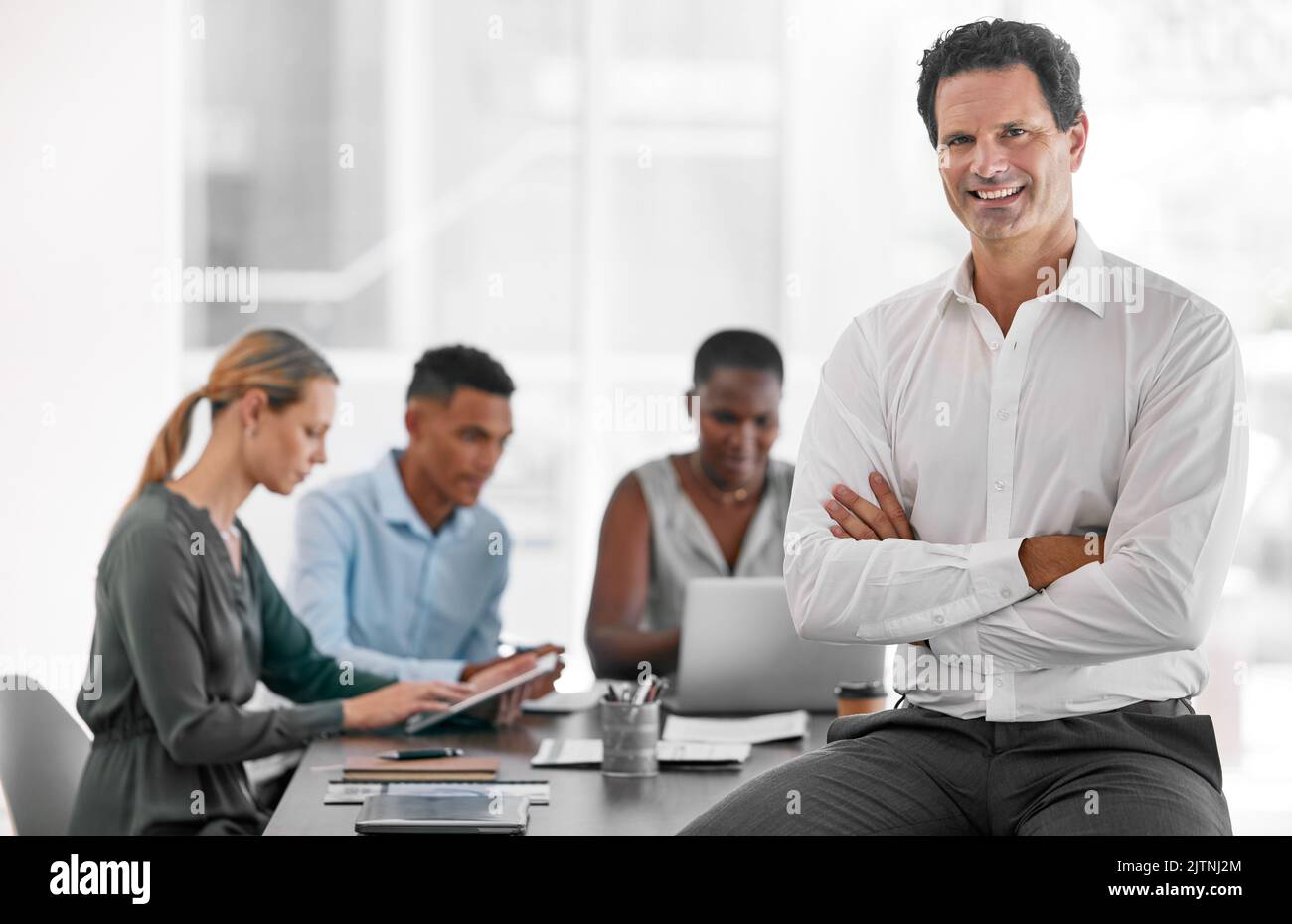 Leader, business and meeting of a man in team collaboration and ...