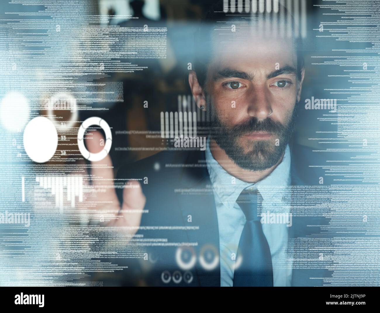 3d Data Hologram And Tech Coding Of A Fintech Businessman Working On Futuristic Technology Big