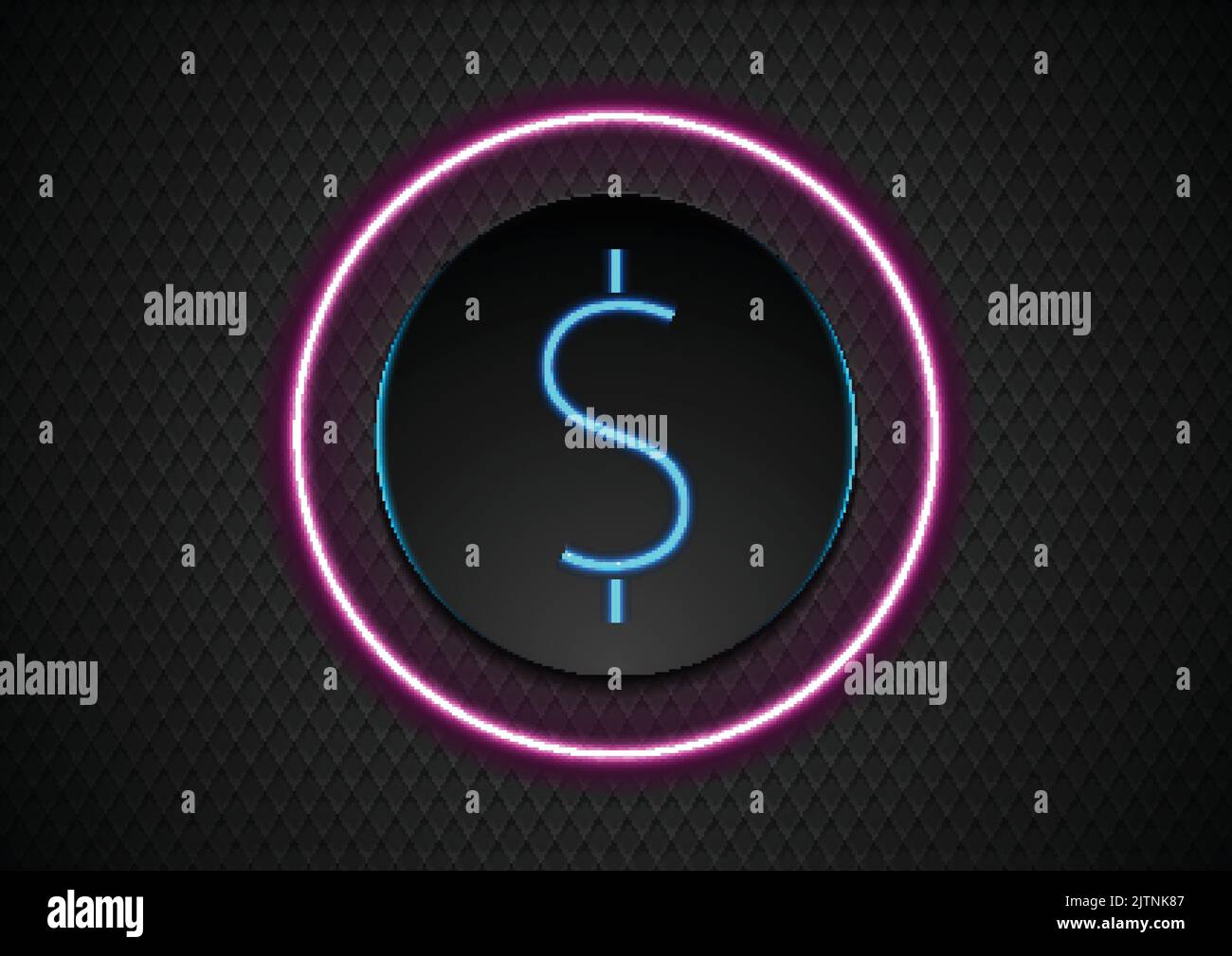 Blue neon dollar symbol and purple glowing circle on black background ...