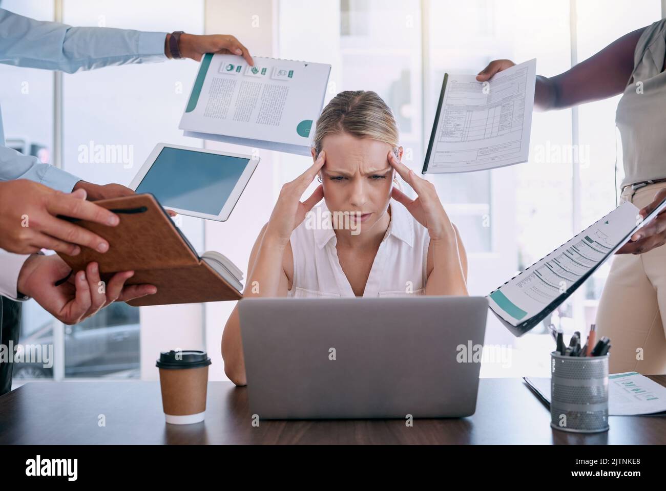 Work stress, headache and burnout mindset of a business woman working ...