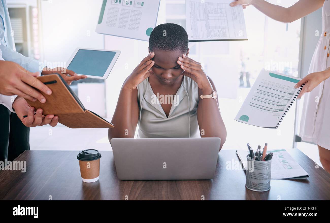 Burnout, stress and headache with business woman and work overload, too ... Burnout, stress and headache with business woman and work overload, too ...