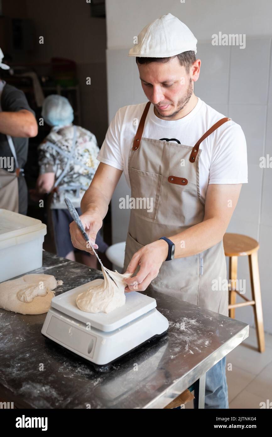 The process of making bread. Dividing the wheat dough into pieces ...