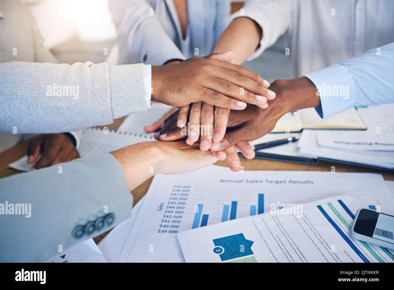 Team building, teamwork and business people hand stack together for ...