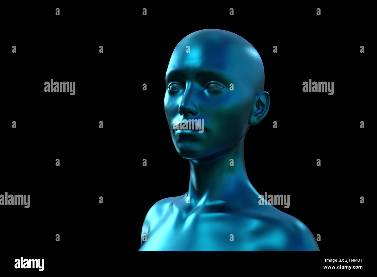 3d illustration. Portrait of a blue bald woman on a black background ...