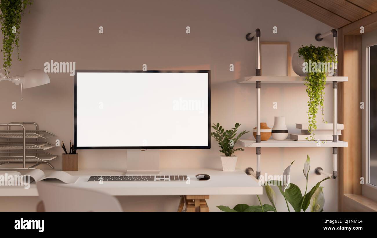 Minimal comfortable home workplace interior design with blank PC ...