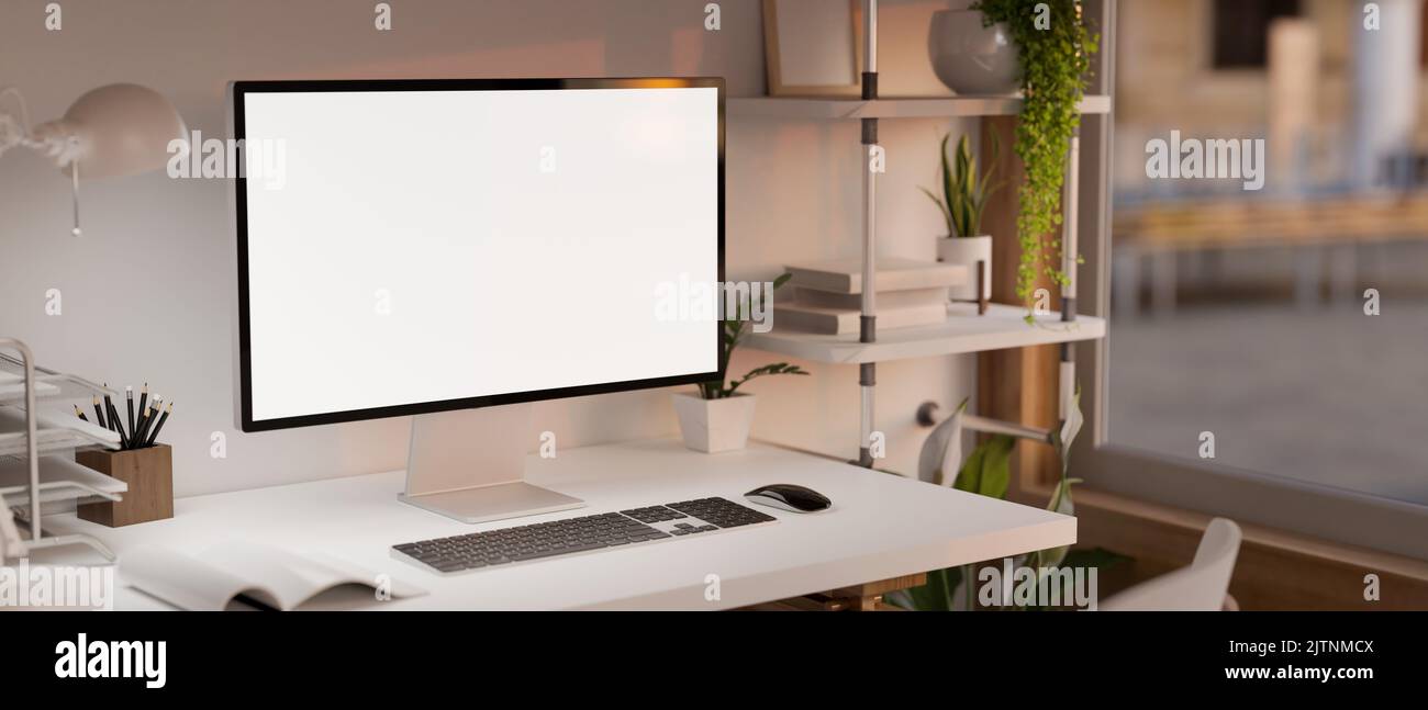Minimal home office interior design with modern pc desktop computer ...