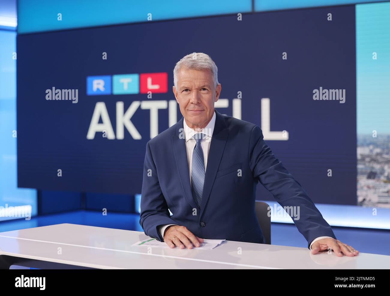 Cologne, Germany. 31st Aug, 2022. Peter Kloeppel, TV presenter, sits in ...