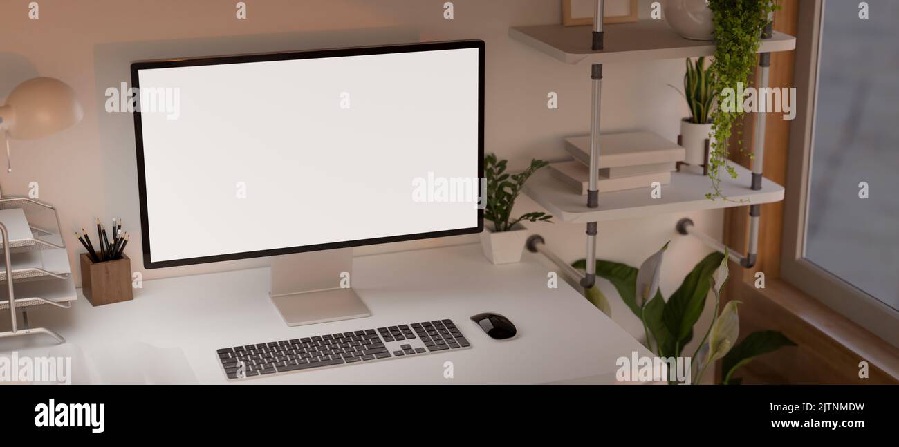 Modern contemporary workplace design with white screen desktop computer ...