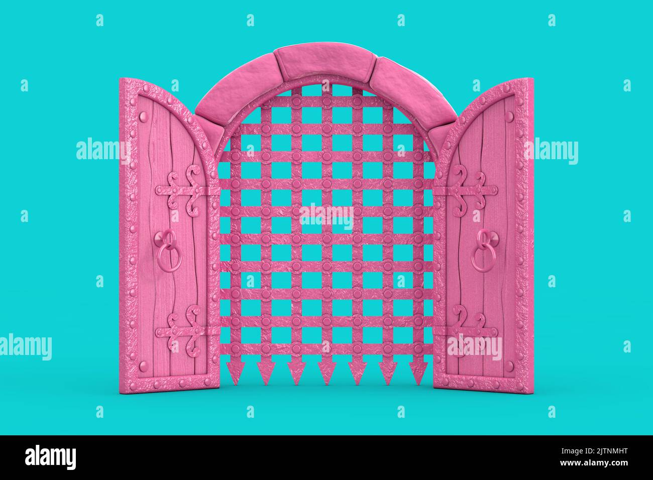 Pink Medieval Arch Stone Blocks Castle Gate with Metal Lattice in ...