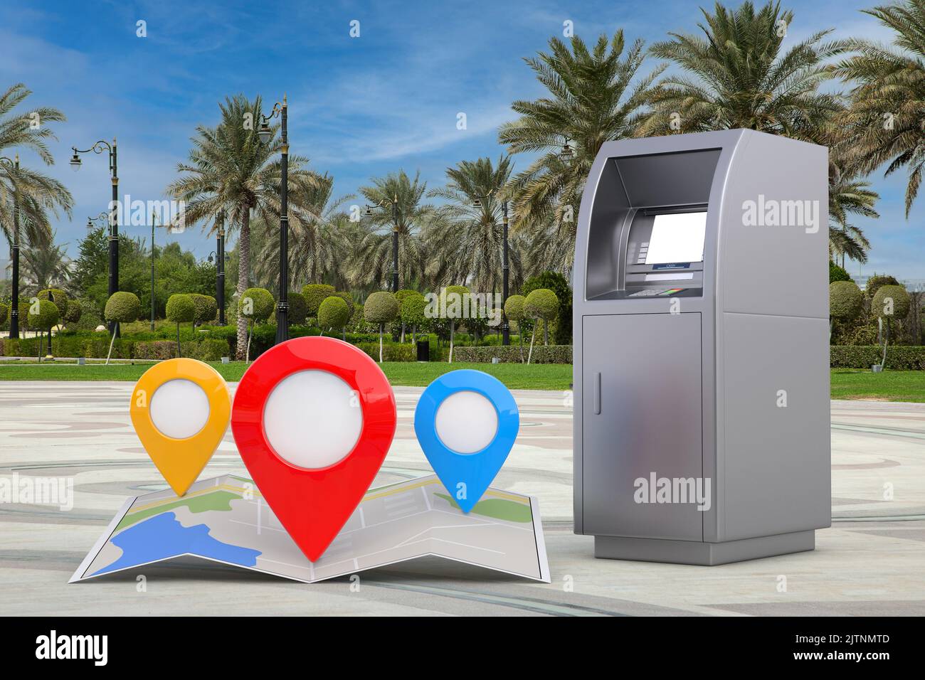 Business Technology Concept. ATM Deposit Machine and Folded Abstract Navigation Map with Three ...
