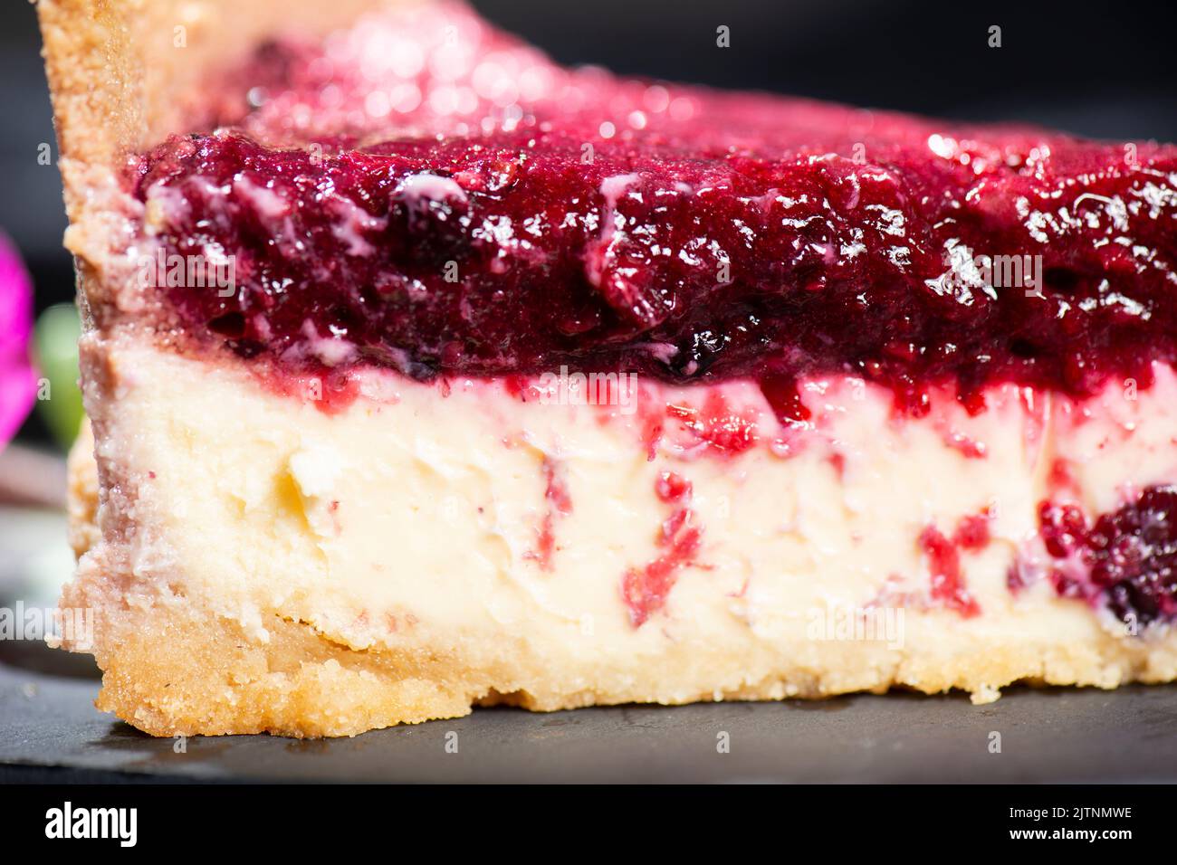 Homemade mixed berry cheesecake with a biscuit crumb and fruit puree ...