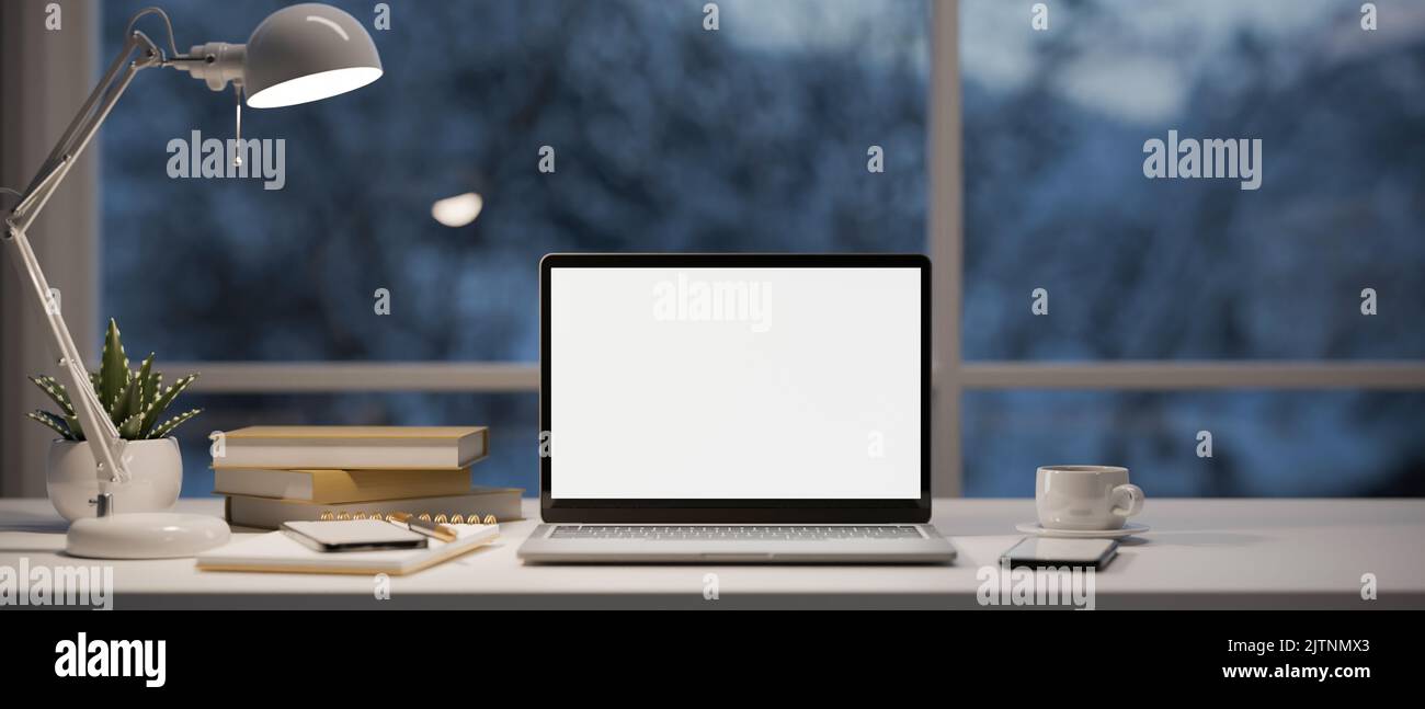 Modern office desk workspace with notebook laptop white screen mockup ...