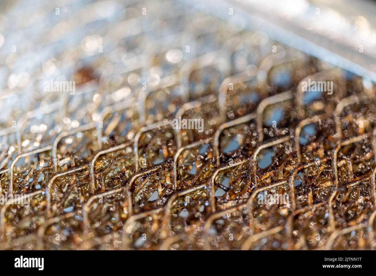 Selective focus macro of a dirty kitchen range hood filter clogged with ...