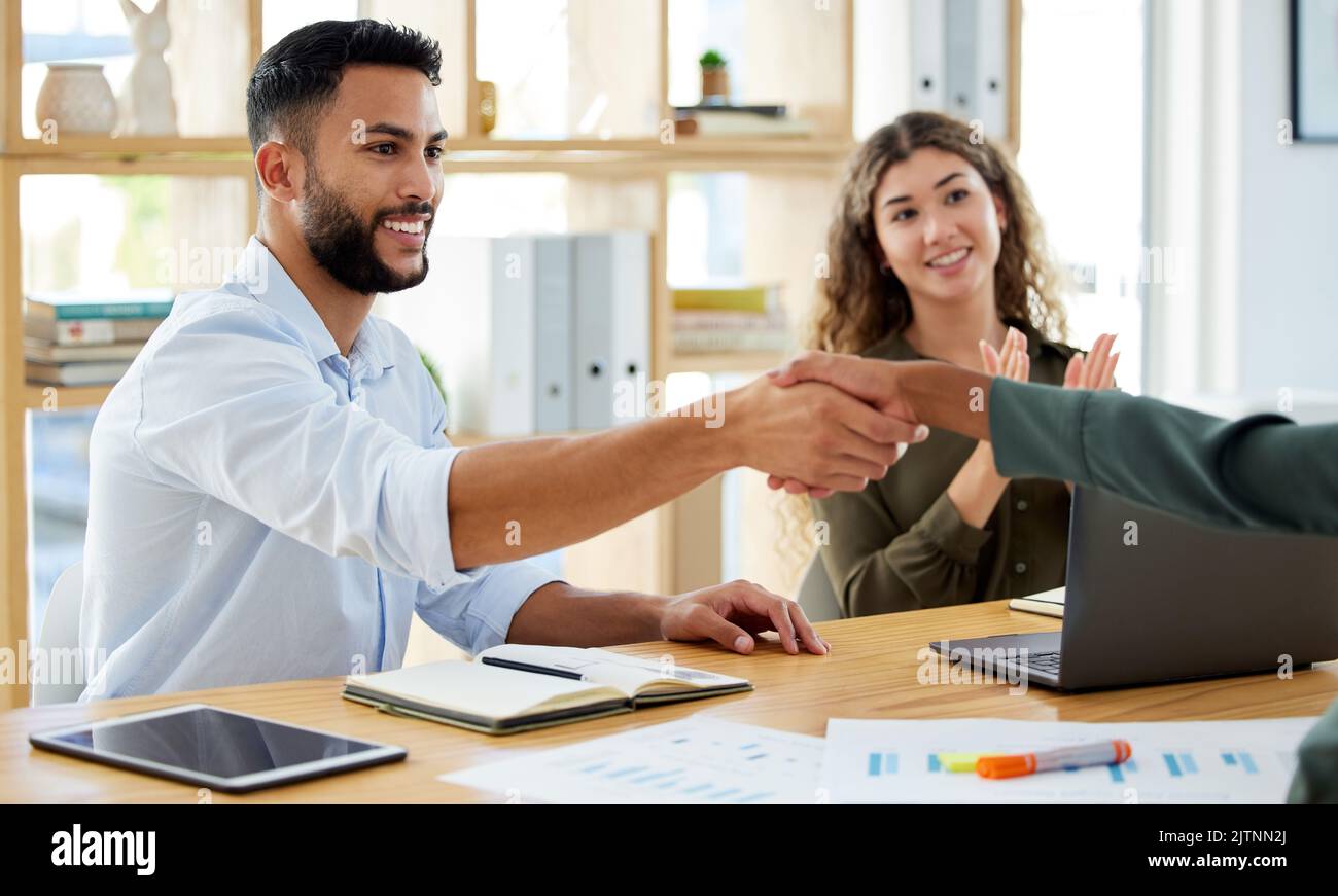 Business people shaking hands with applause for deal, agreement and ...