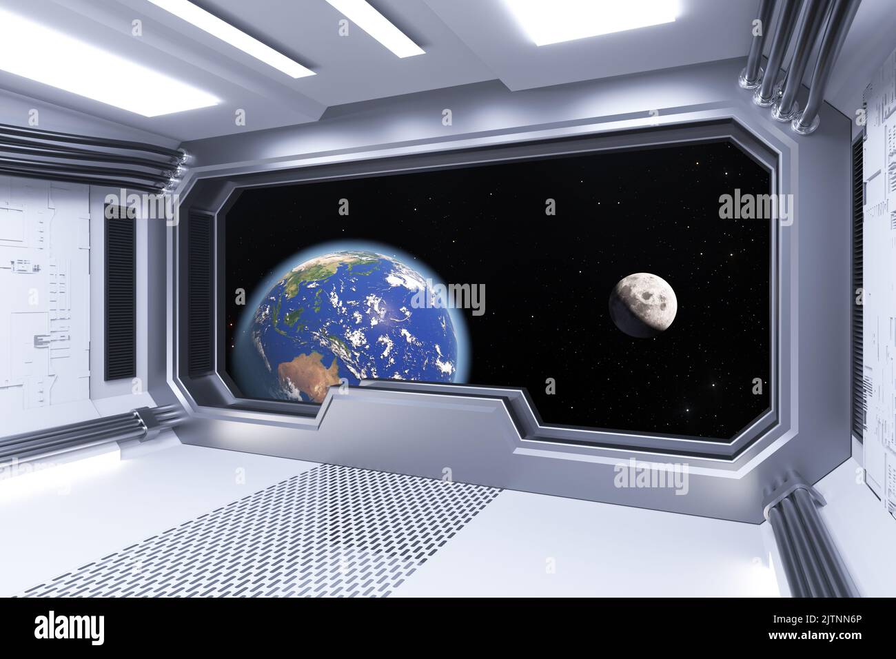 Spaceship White Room Interior with View on Space and Earth Planet extreme closeup. Elements of ...