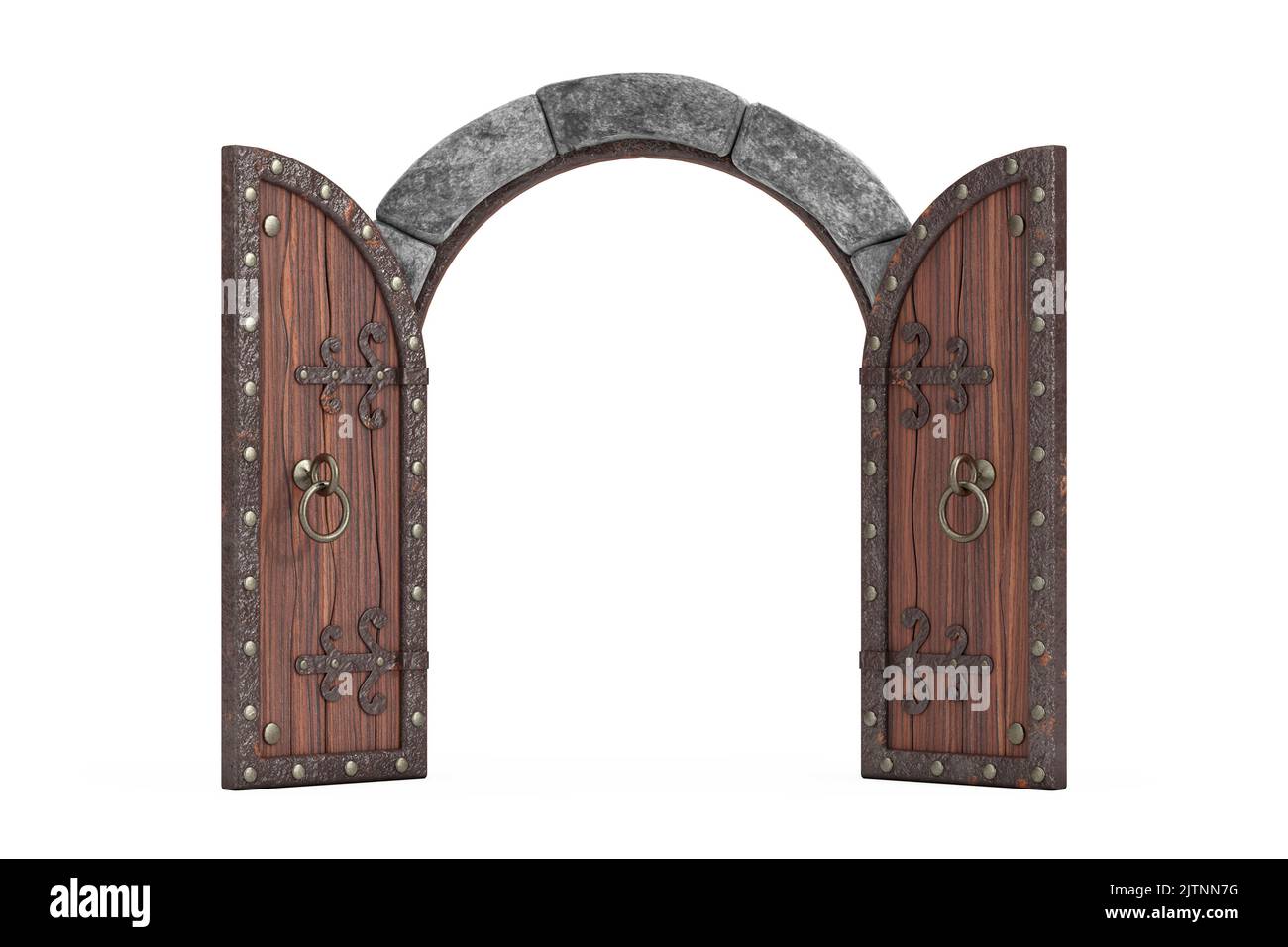 Medieval Arch Wooden Opened Castle Gate on a white background. 3d ...