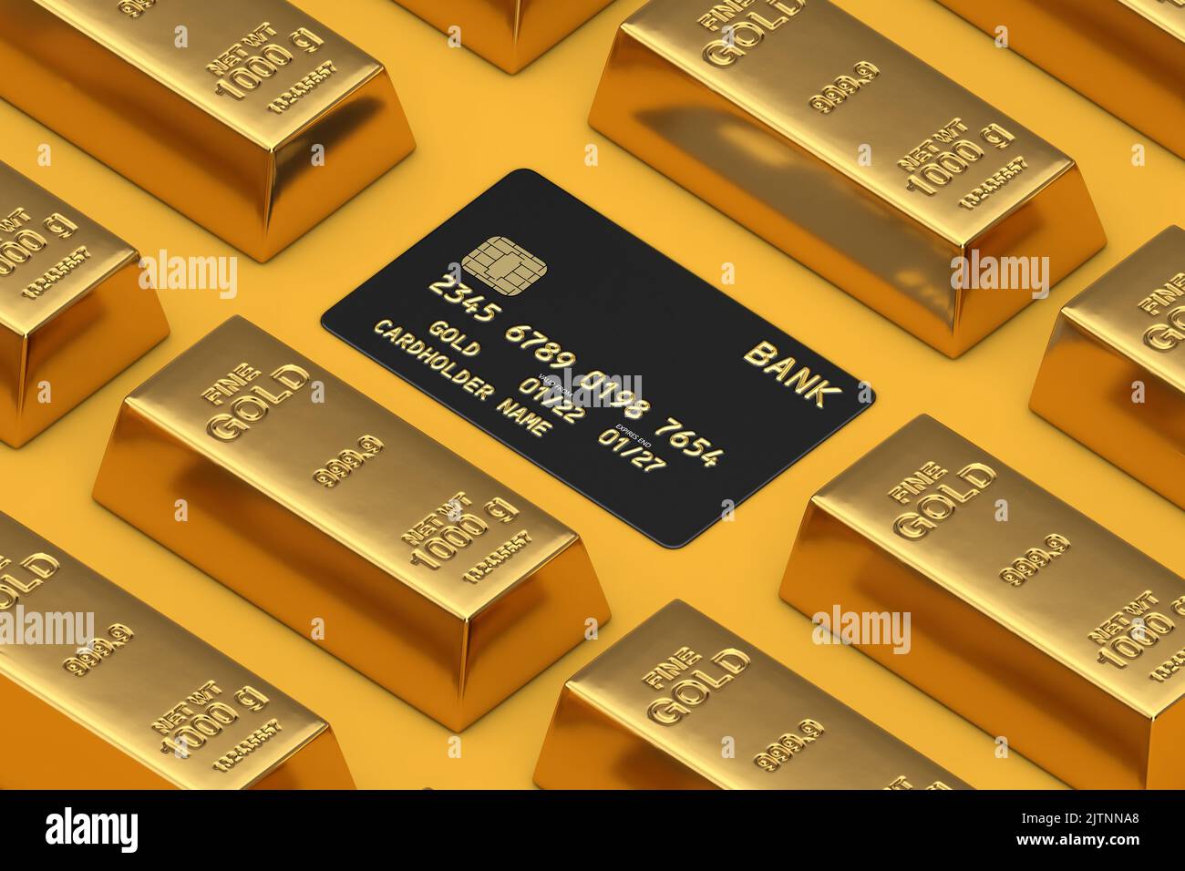 Rows of Isometric Golden Bars with Black Plastic Golden Credit Card ...