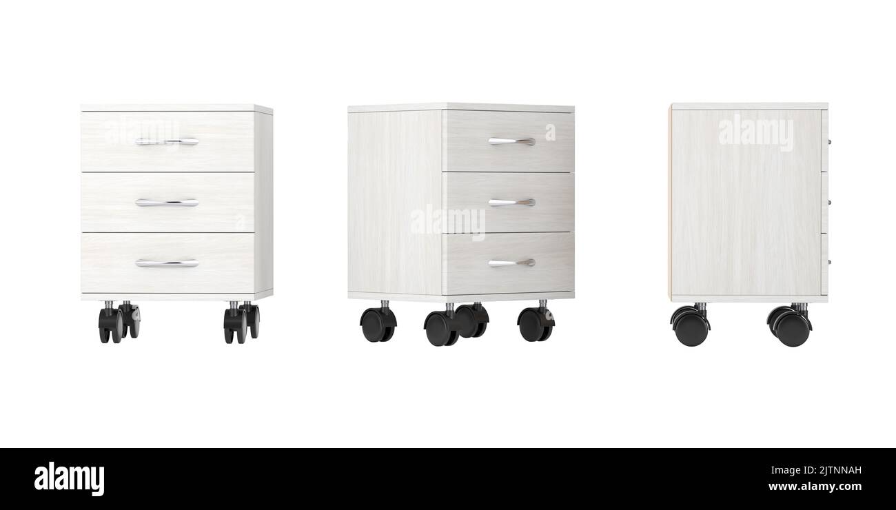 White Modern Room Bedside Table with Wheels on a white background. 3d ...