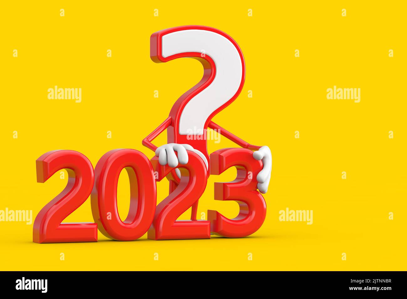 Question Mark Sign Cartoon Character Person Mascot with Red 2023 New Year Sign on a yellow ...