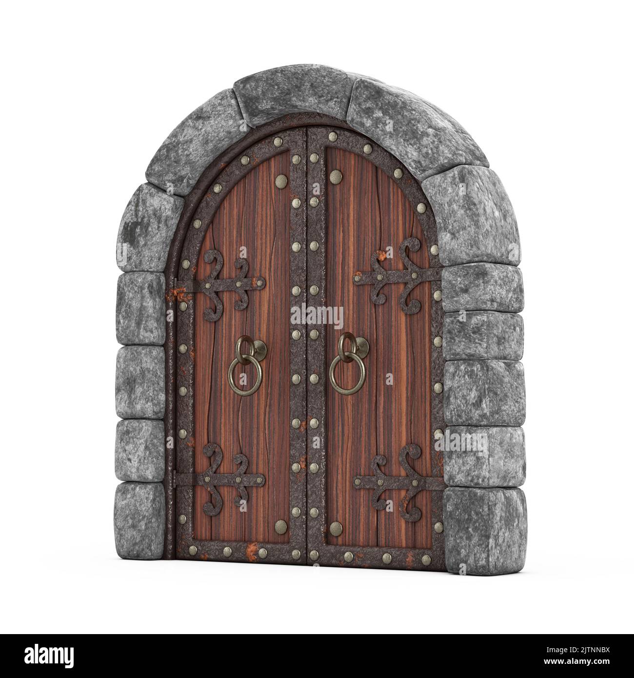 Medieval Arch Wooden Closed Castle Gate on a white background. 3d ...