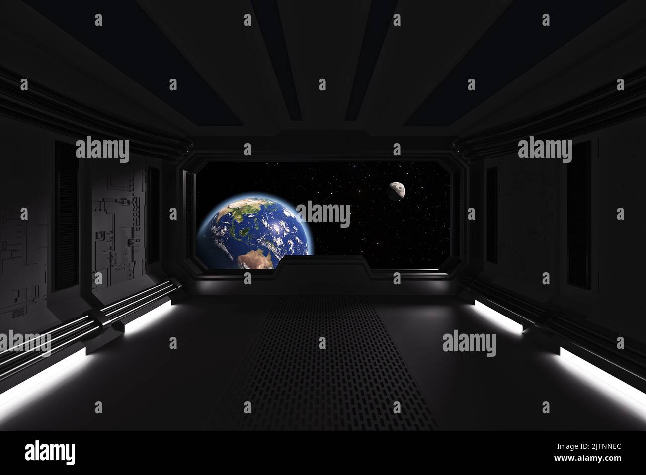 Spaceship Room Interior with View on Space and Earth Planet extreme ...