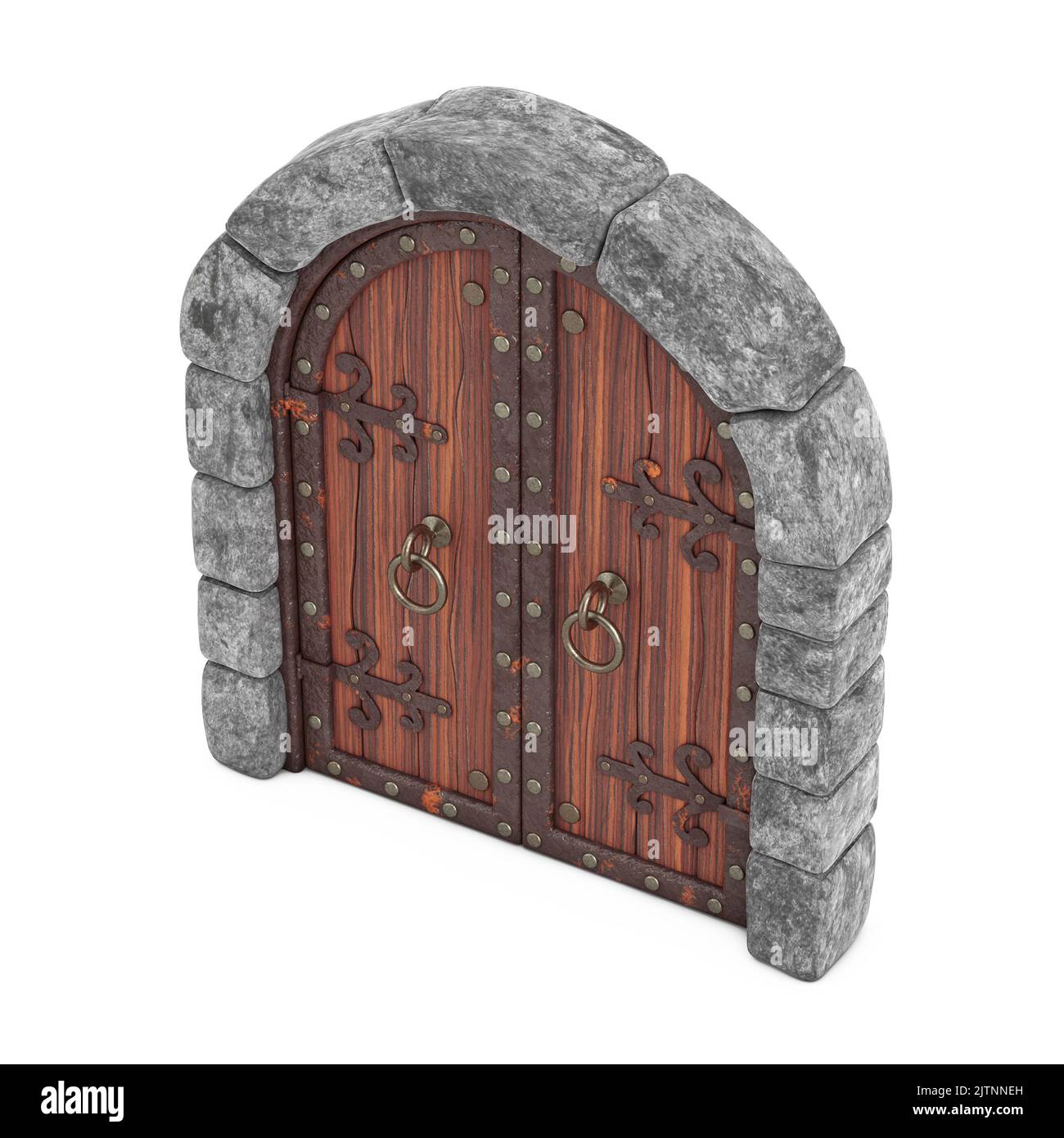 Medieval Arch Wooden Closed Castle Gate on a white background. 3d ...
