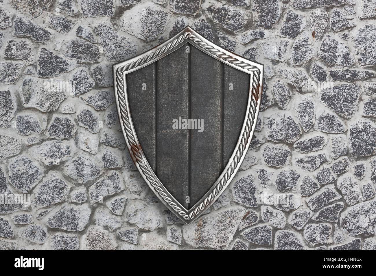 Old Wooden Medieval Viking Warrior Shield with Metal Frame on a stone ...