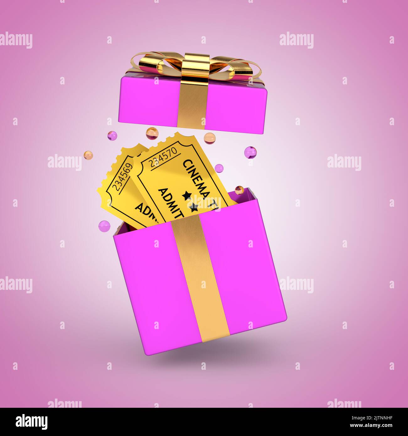 Two Yellow Cinema Tickets in the Pink Gift Box with Gold Ribbon on a ...