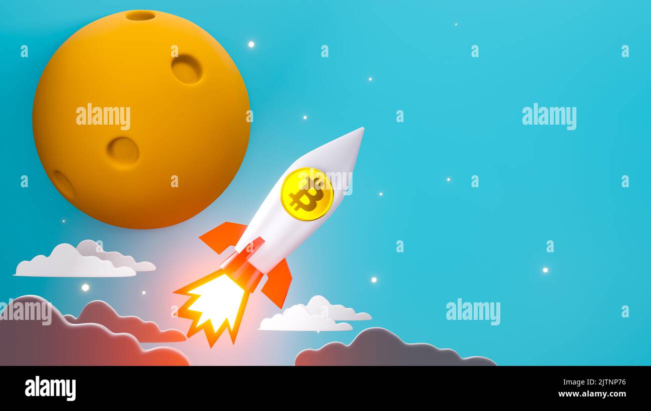 Bitcoin rocket flying into space and the moon background. 3d render ...