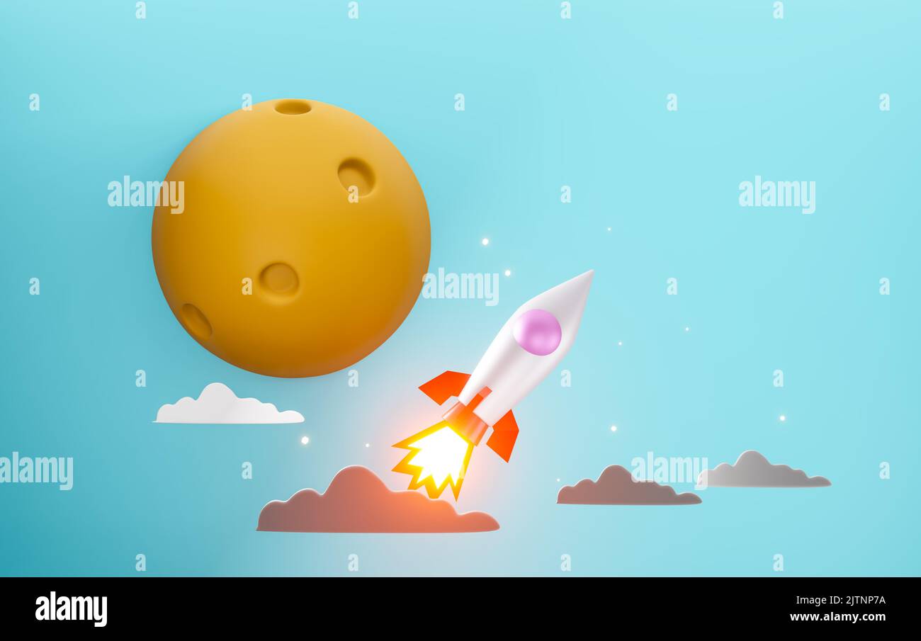rocket flying into space and the moon background. 3d render Stock Photo ...