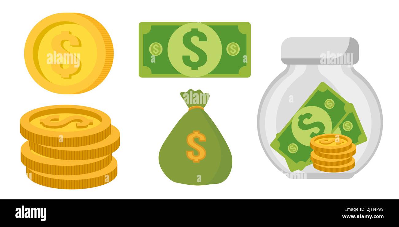 Collection set of money object golden coin paper money bank note Stock ...