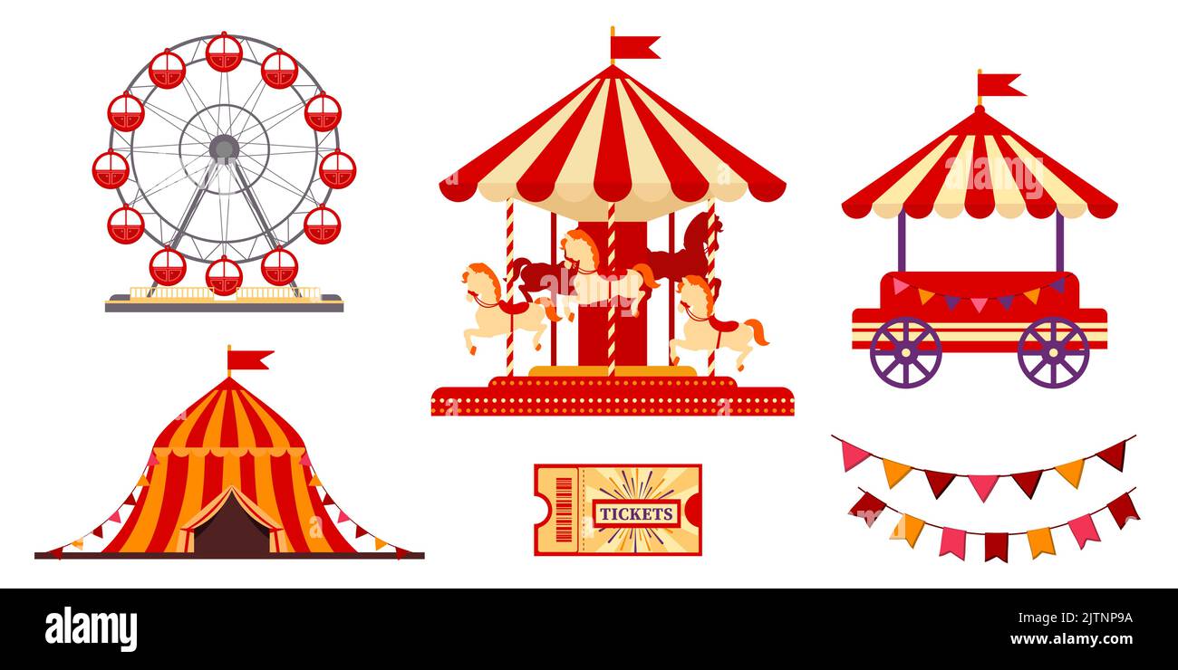 Collection of isolated circus objects playground carousel ferris wheel ...