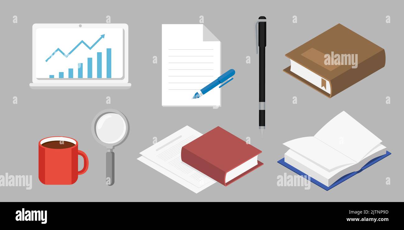 Collection set of office objects notebook document paper pen book Stock ...