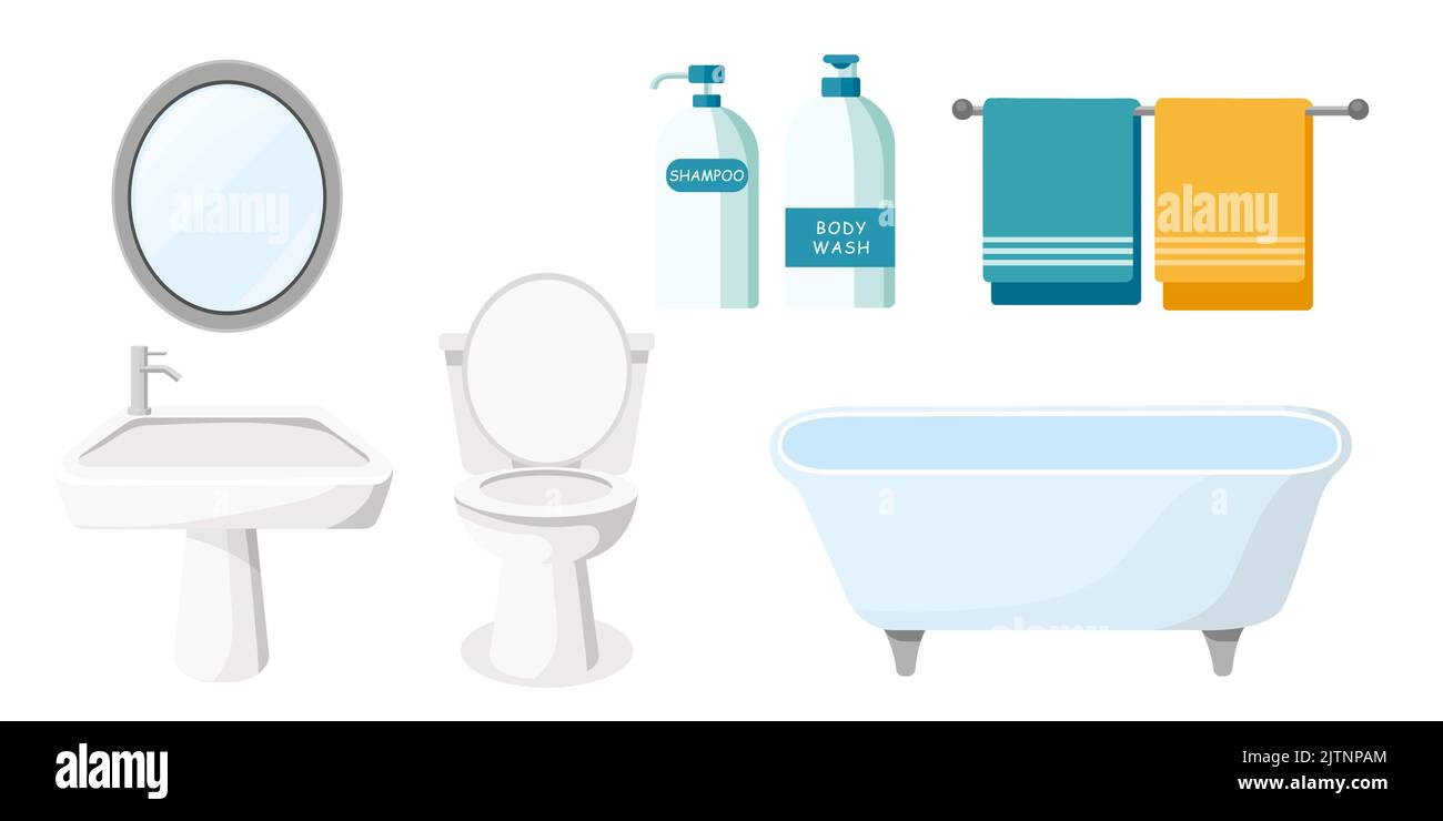 Collection set of bathroom objects bathtub toilet washstand mirror ...
