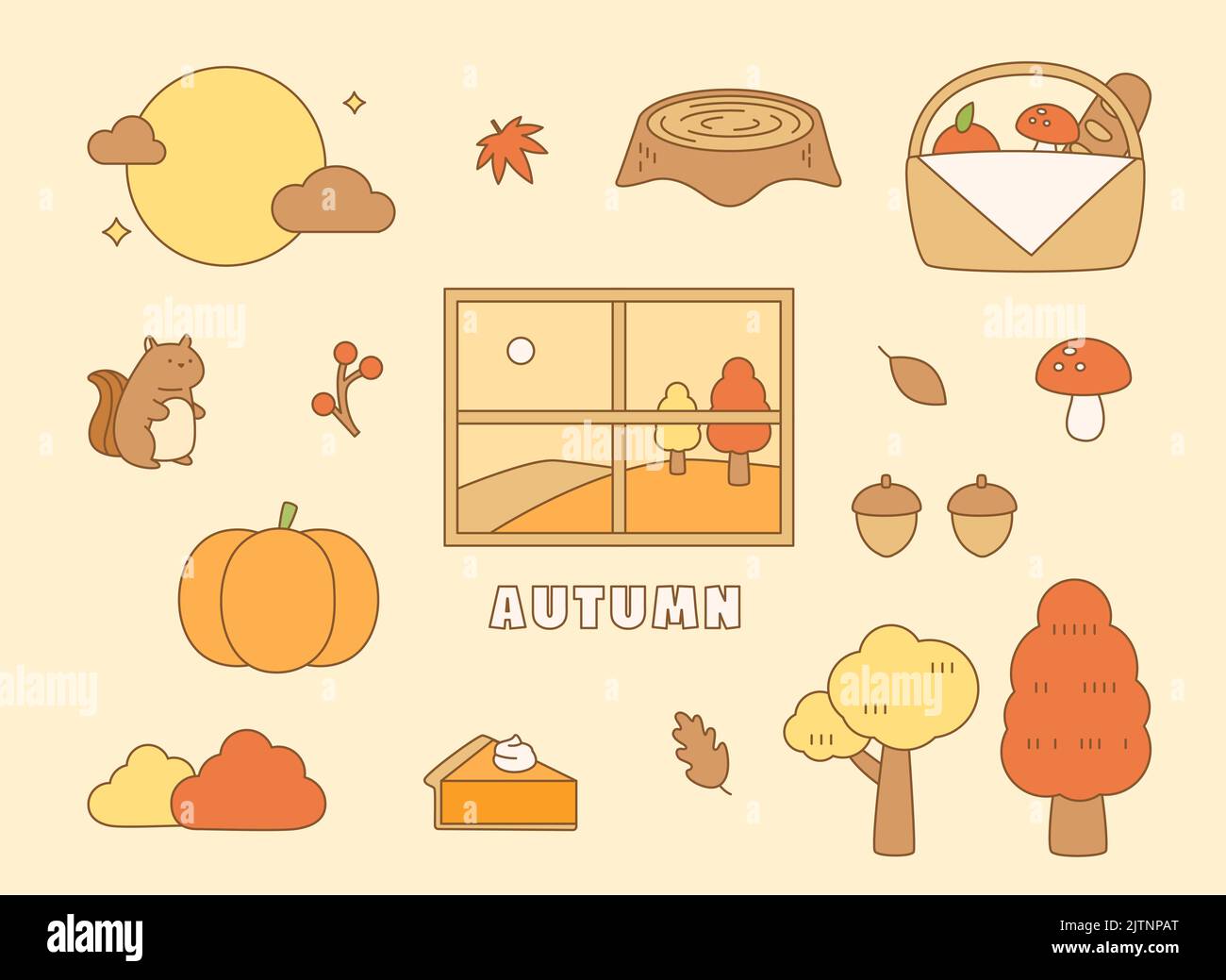 Objects representing autumn are arranged around the window. flat design ...